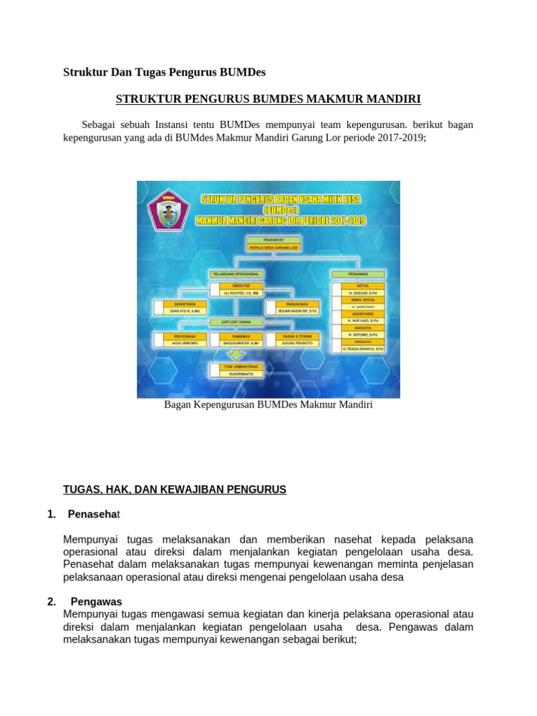 Struktur Dan Tugas Pengurus BUMDes | PDF