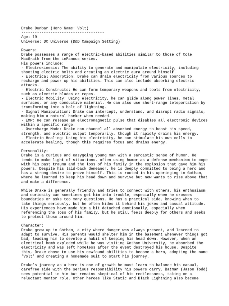 Drake_Dunbar_Character_Profile | PDF | Electricity | Electrical Engineering