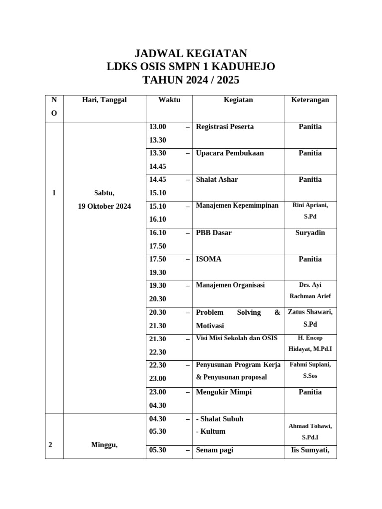 Jadwal Kegiatan LDKS | PDF