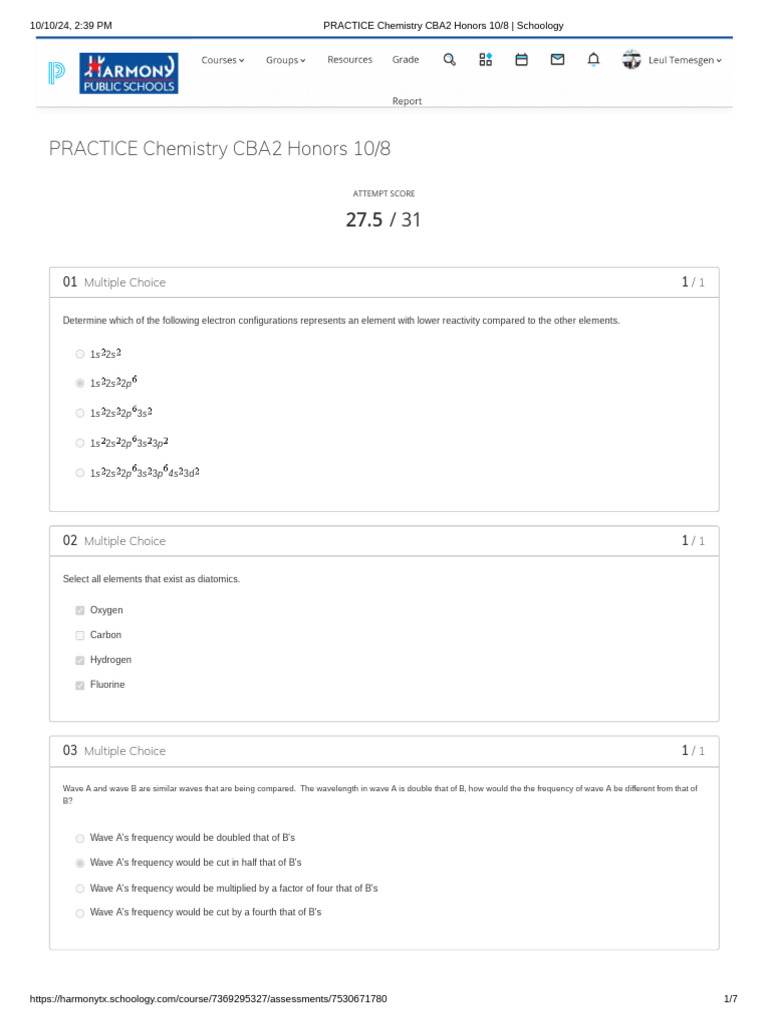 PRACTICE Chemistry CBA2 Honors 10 - 8 - Schoology | PDF | Periodic Table | Chemical Elements
