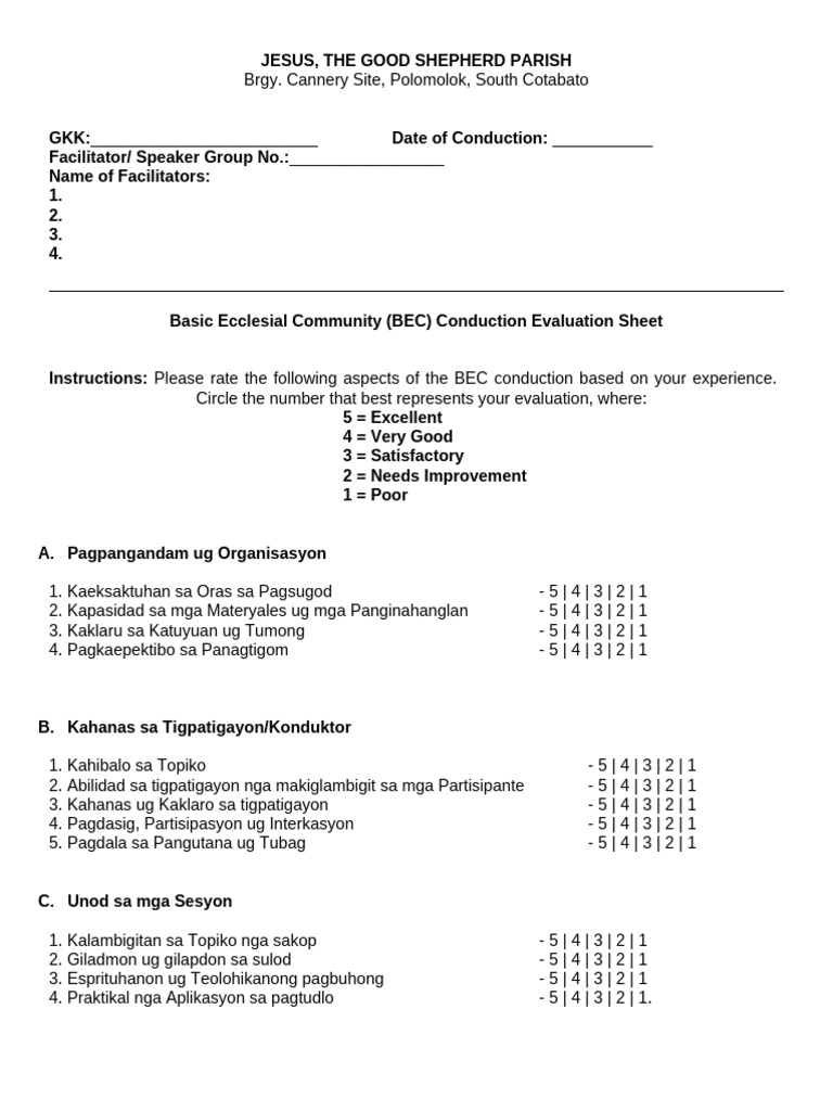 Bec Sample Evaluation Sheet Bisaya | PDF