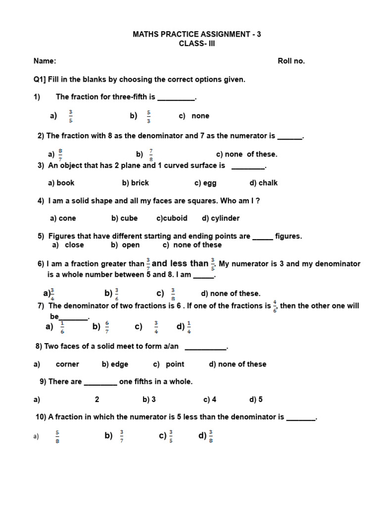 CBSE Class 3 Mathematics Worksheet (5) - Fractions | PDF
