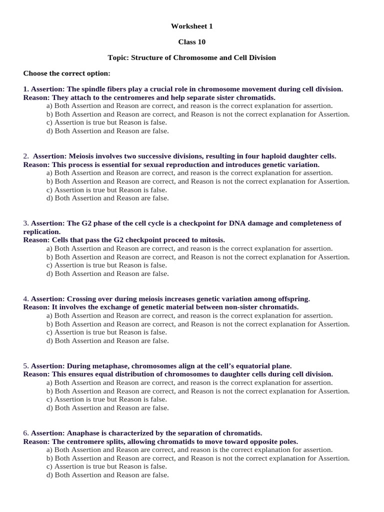Worksheet 1, Structure of Chromosomes, Cell Division, Class 10 | PDF ...
