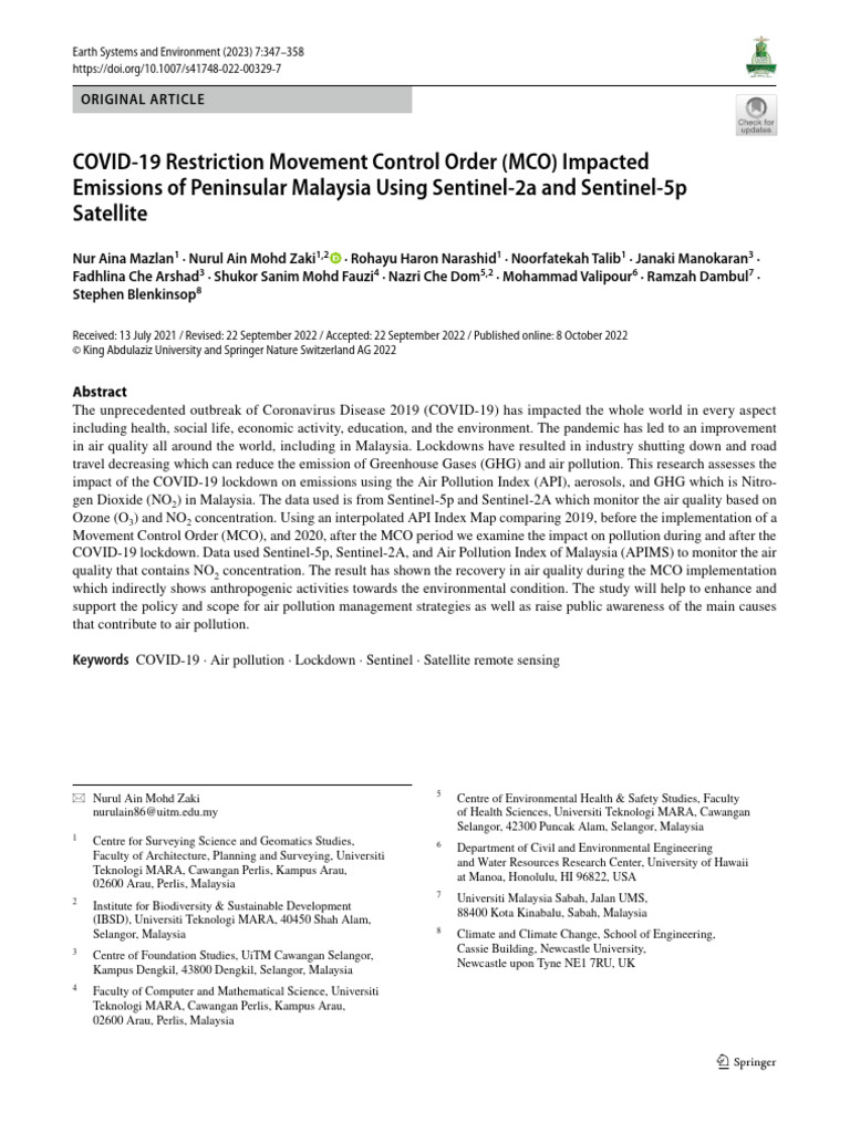 COVID-19 Restriction Movement Control Order (MCO) Impacted Emissions of ...