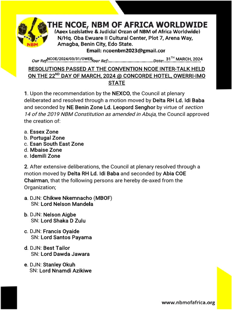 Resolutions Passed at The Convention Ncoe Inter-Talk Held On The 22ND ...