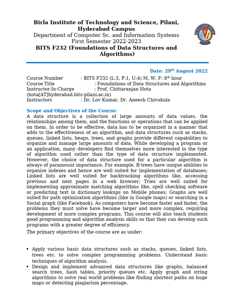 BITS F232 - FDSA - Prof. Hota | PDF | Queue (Abstract Data Type) | Computing