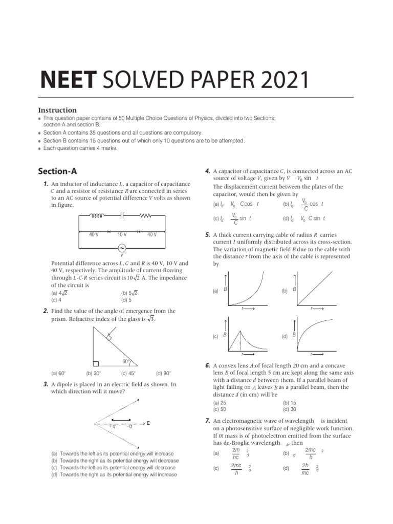 Neet Solved Paper - 2021 | PDF | Capacitor | Radioactive Decay Neet Solved Paper - 2021 | PDF | Capacitor | Radioactive Decay