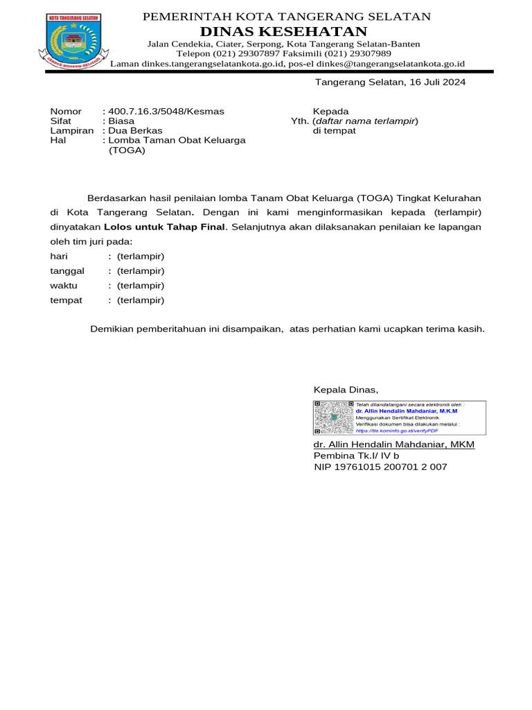 Pemberitahuan Pemenang Lomba Toga | PDF