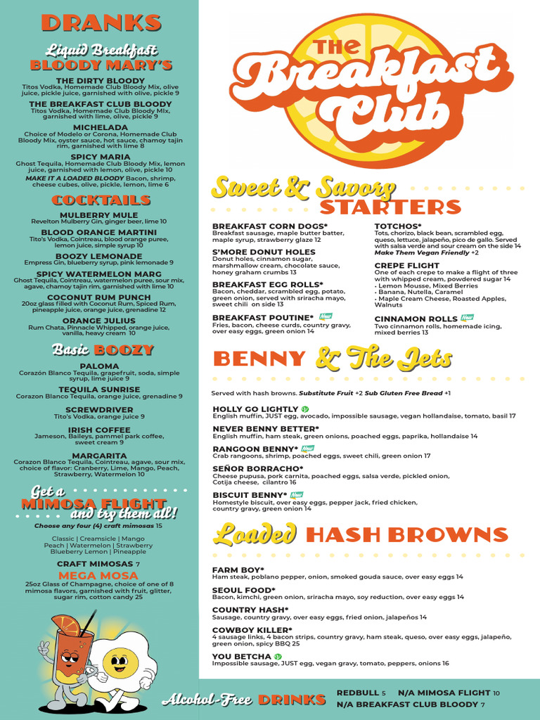 The Breakfast Club Main Menu Brunch Lunch Breakfast | PDF | Pancake ...