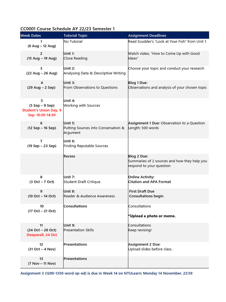 CC0001 Course Schedule AY 22-23 Semester 1 | PDF