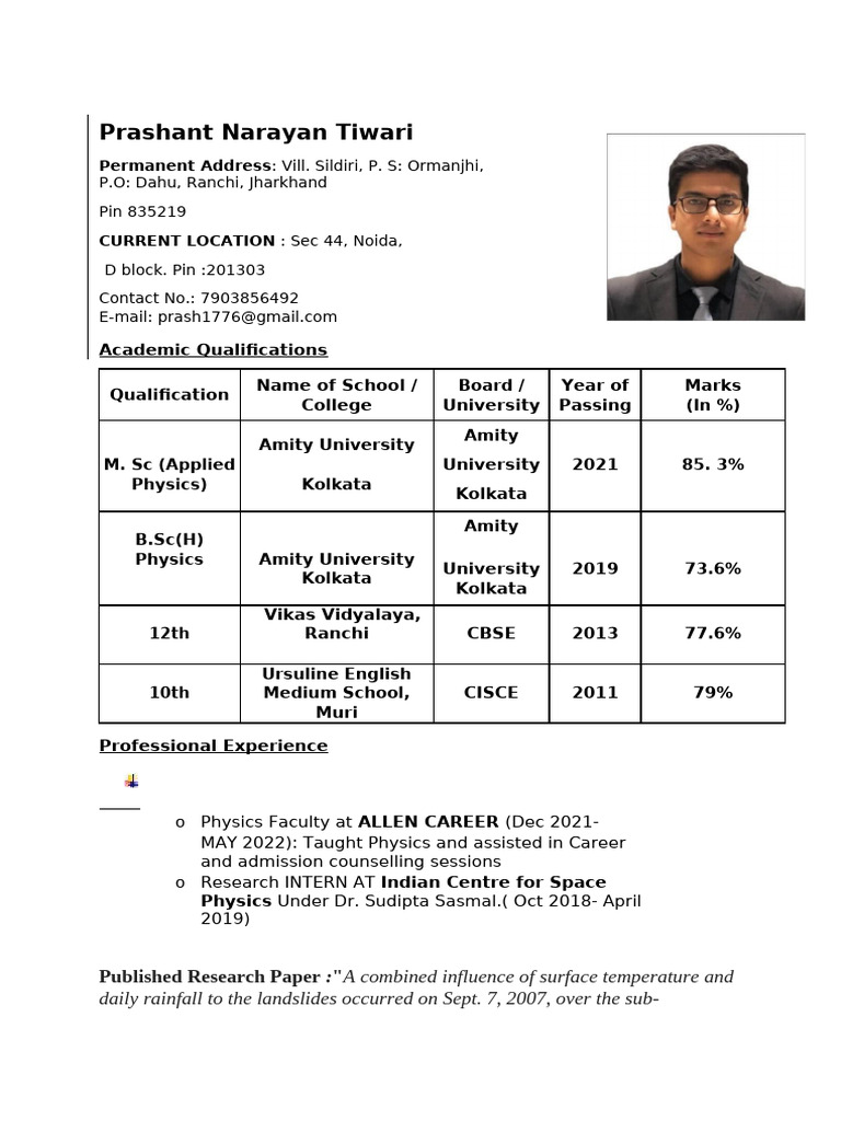 Prashant Narayan Tiwari CV | PDF