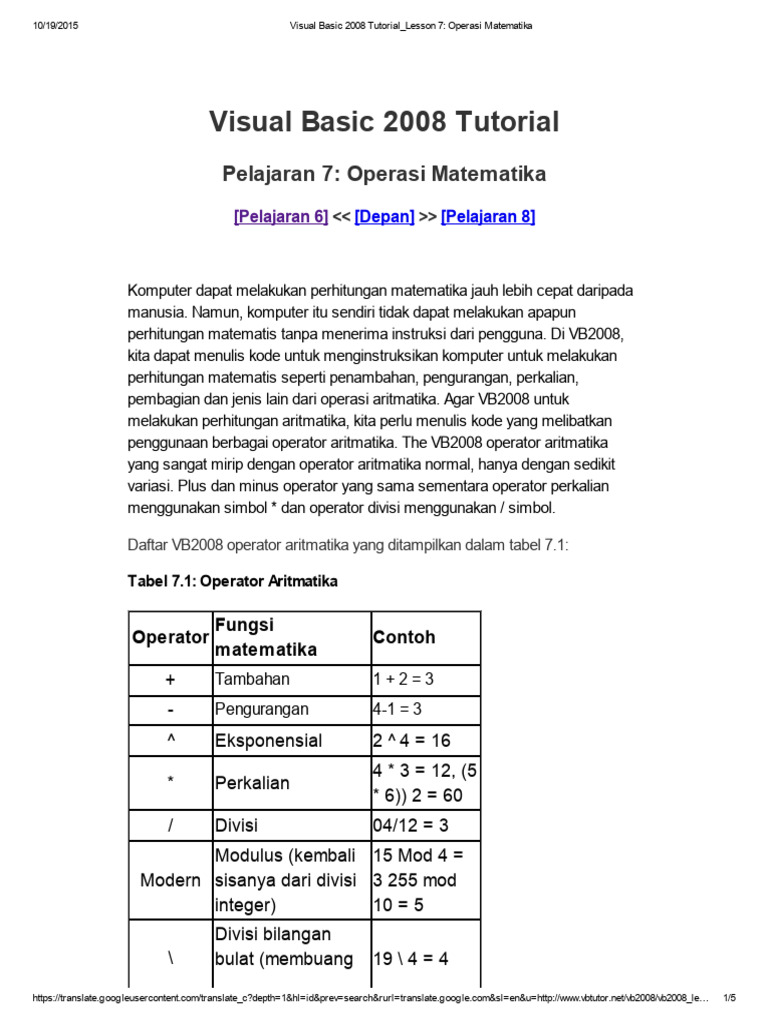 Visual Basic 2008 Tutorial - Lesson 7 - Operasi Matematika | PDF