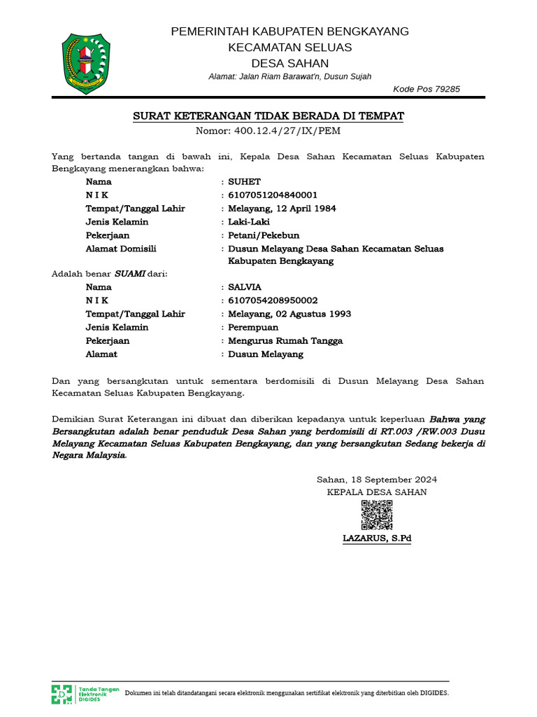 Surat Keterangan Tidak Berada Di Tempat - 32374801 | PDF