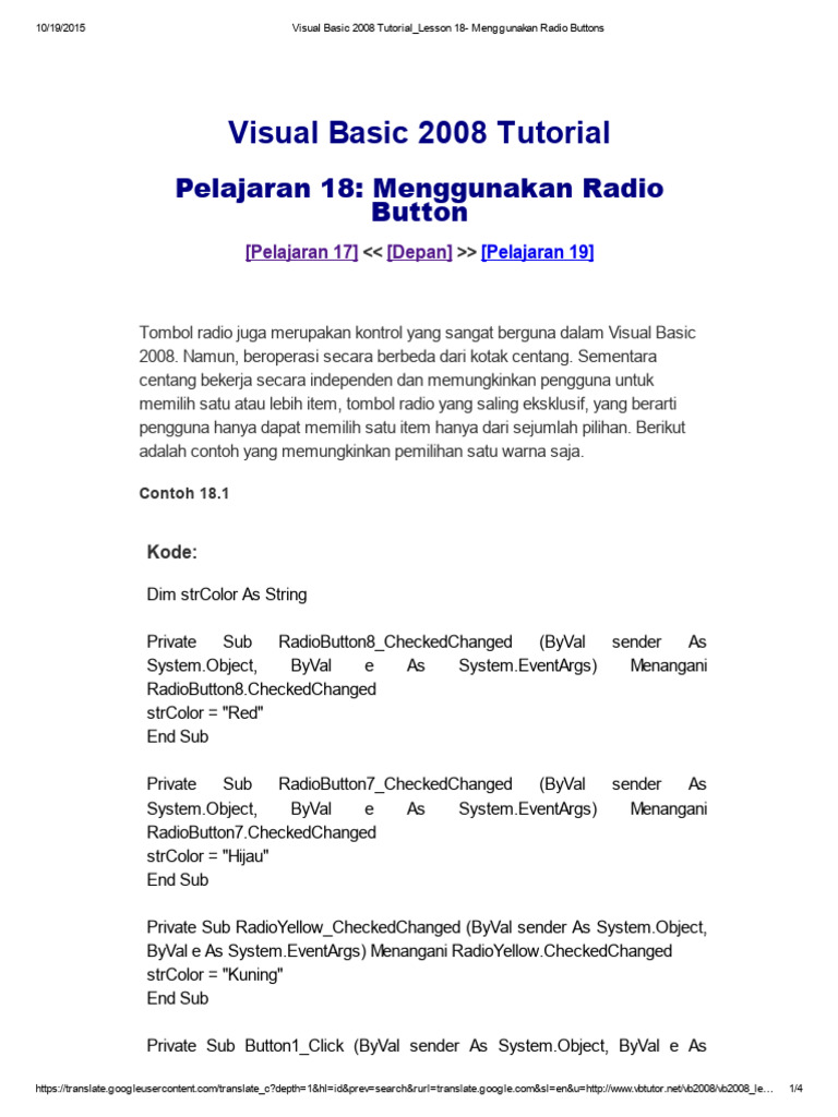 Visual Basic 2008 Tutorial - Lesson 18 - Menggunakan Radio Buttons | PDF