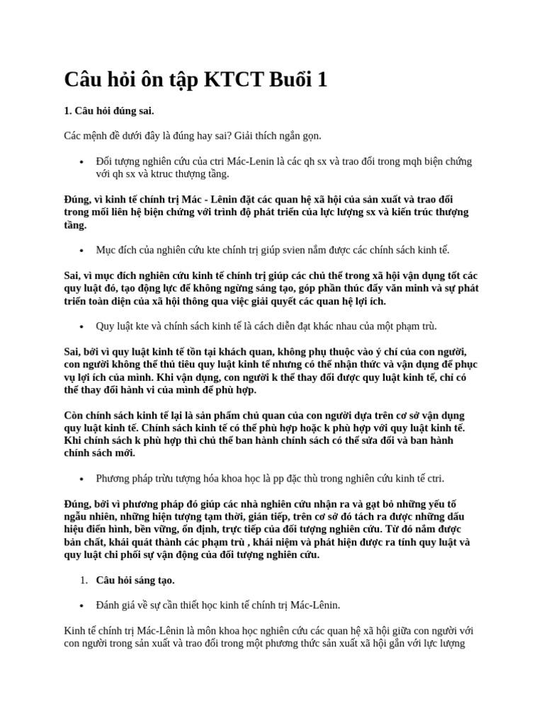 Câu hỏi ôn tập KTCT Buổi 1 | PDF