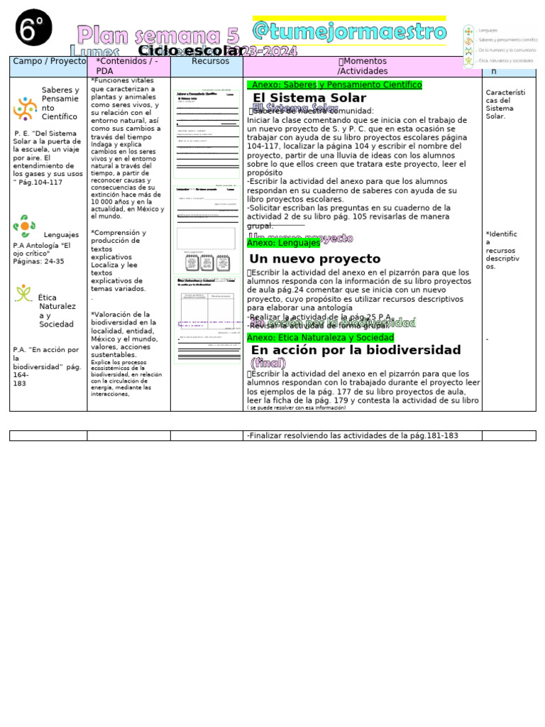 6 plan semana 5 23-24 tumejormaestro | PDF | Biodiversidad