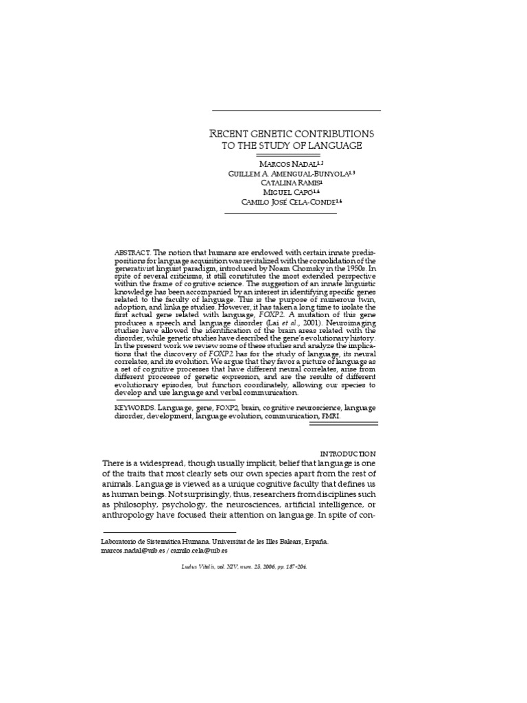 2006 Genetics and Language | PDF | Human | Cognitive Science