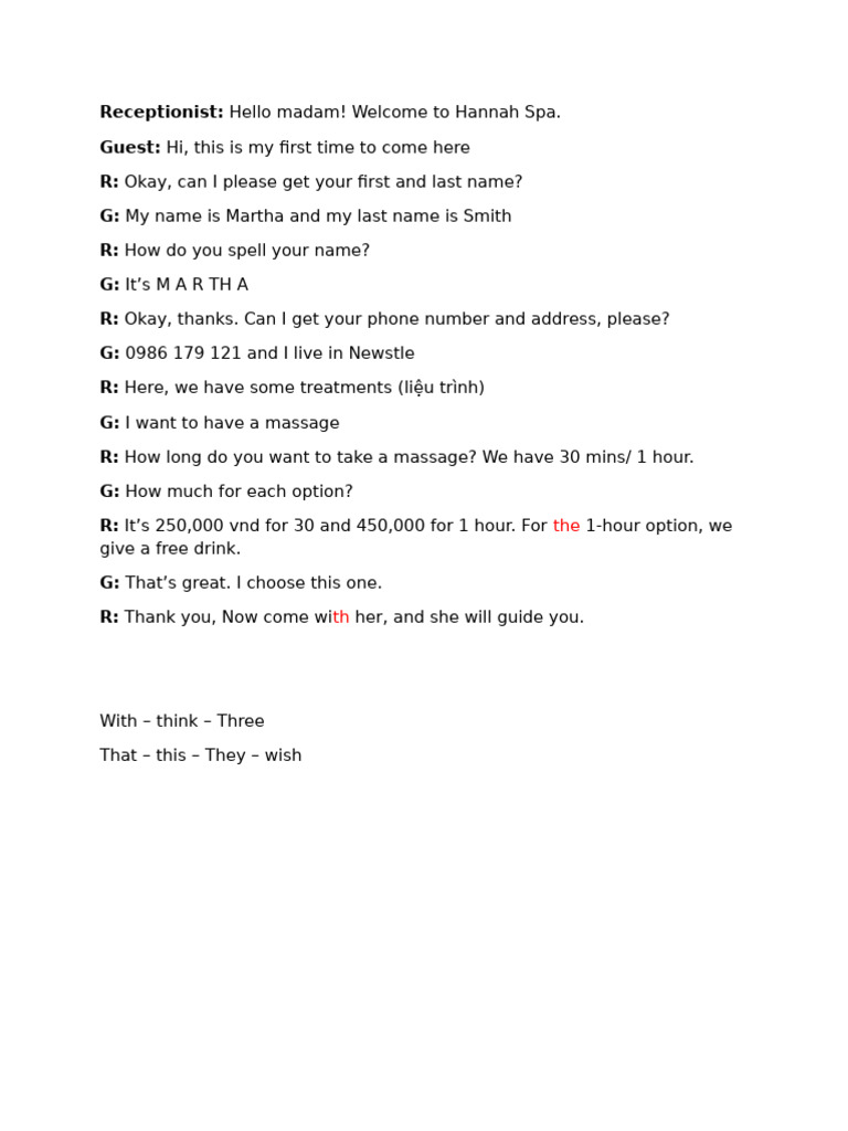 U1 - Conversation For Spa Receptionist | PDF