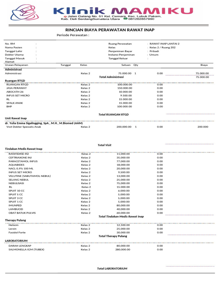 Format Rincian Biaya Perawatan Rawat Inap | PDF
