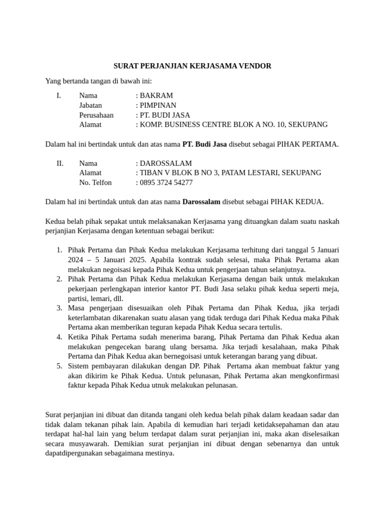 Surat Perjanjian Kerjasama Vendor | PDF