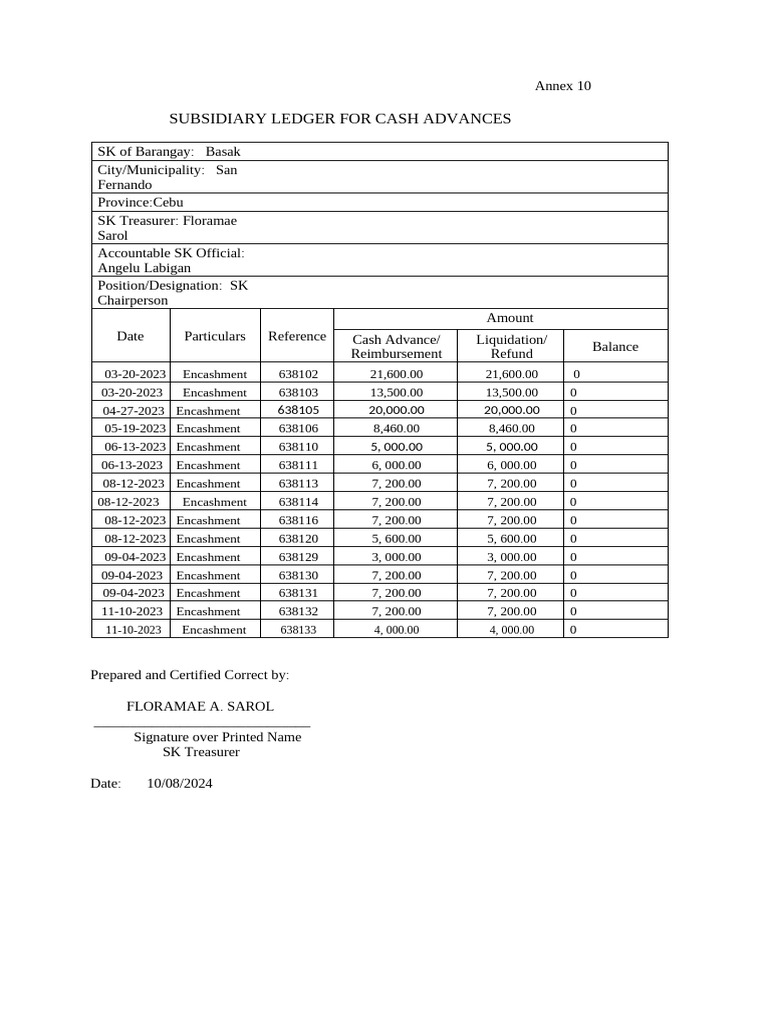 Annex 10 SUBSIDIARY LEDGER FOR CASH ADVANCES | PDF | Credit Card | Money