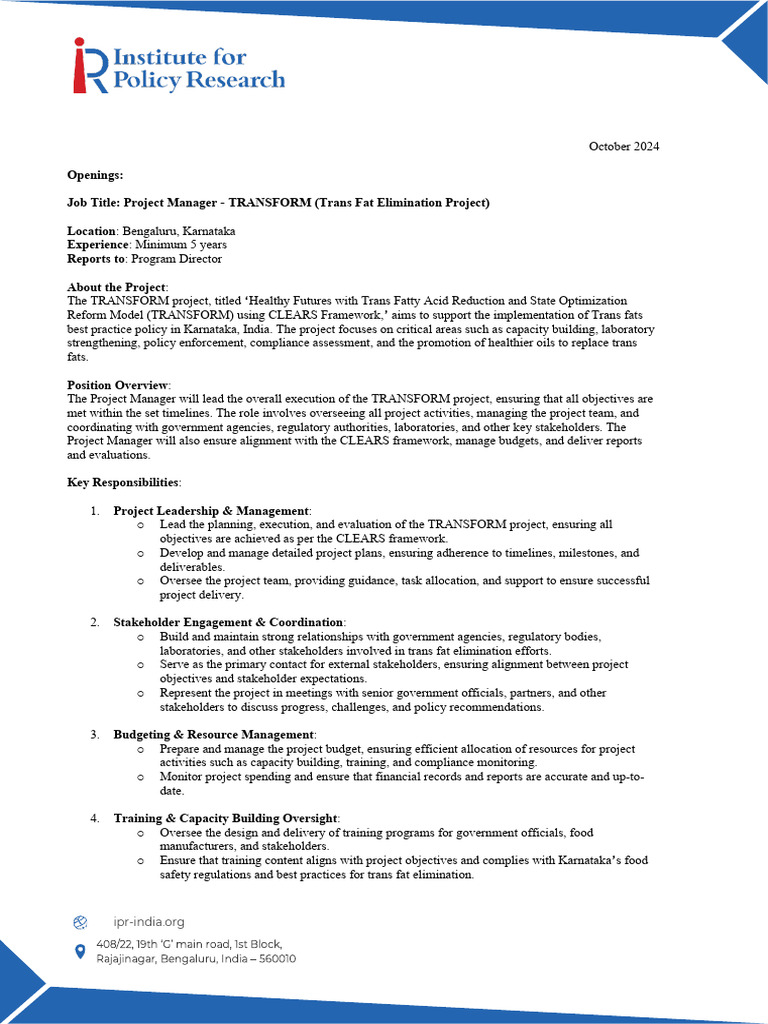 JD - Project Manager | PDF | Regulatory Compliance | Fat