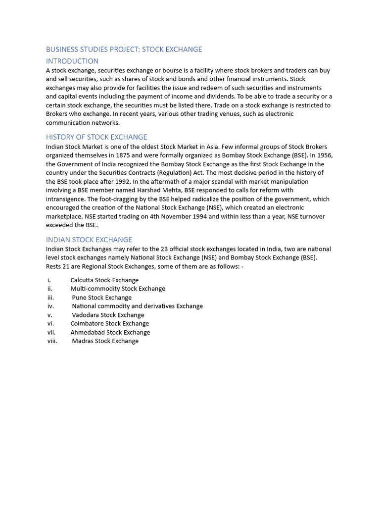 BST Class 12 Project On Stock Exchange | PDF | Stock Exchange | Stocks