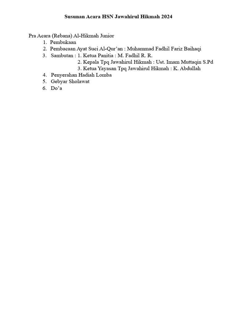 Susunan Acara HSN Jawahirul Hikmah 2024 | PDF