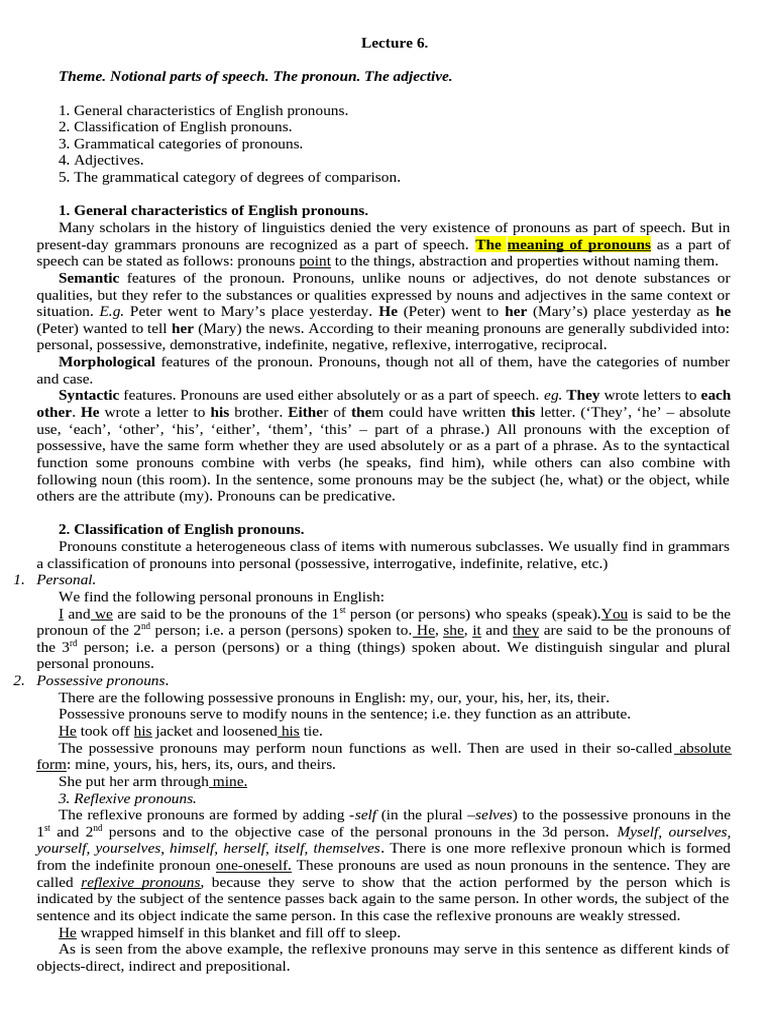 Lecture 6. Notional Parts of Speech. The Pronoun. The Adjective. | PDF ...