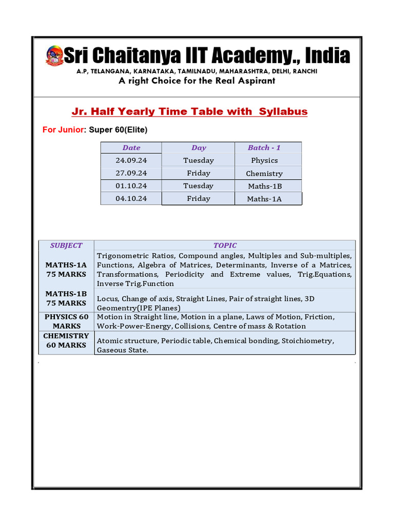 Jr. Half Yearly Time Table With Syllabus | PDF