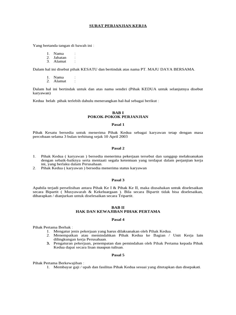 Surat Perjanjian Kerja Pdf