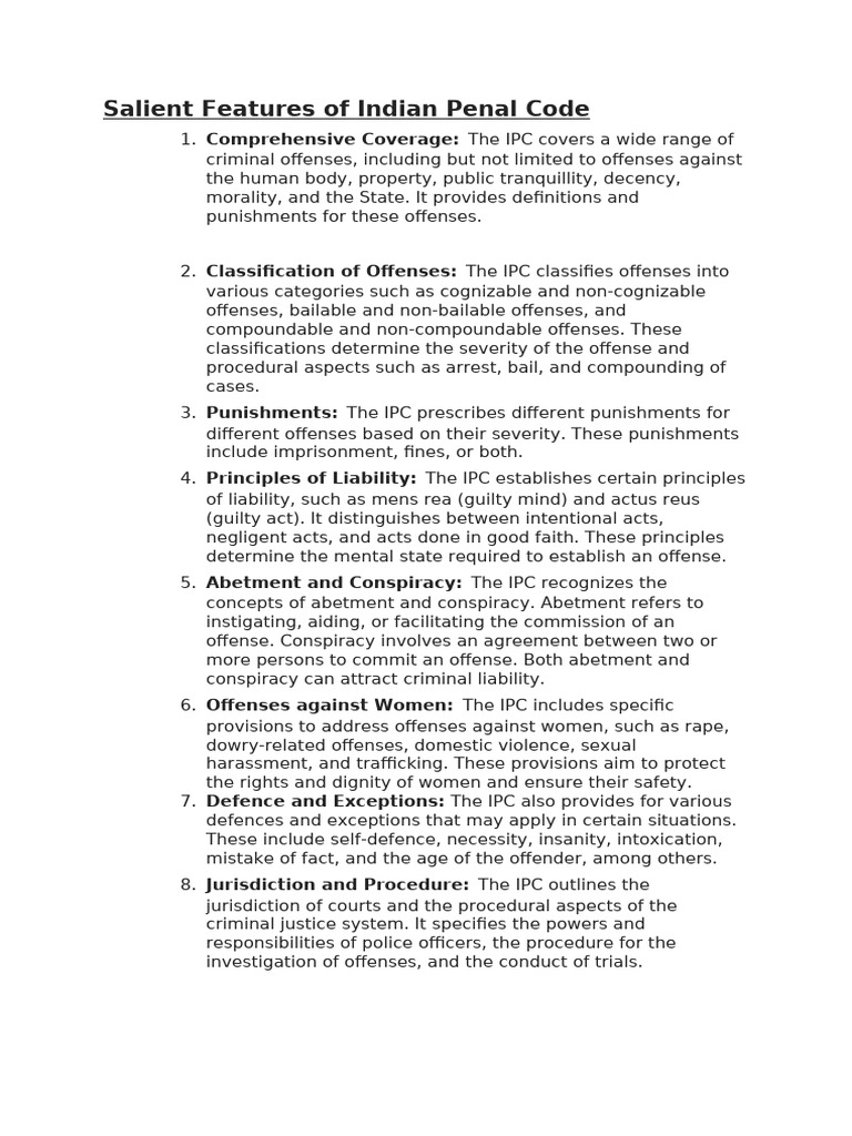 Salient Features of Indian Penal Code | PDF | Crimes | Crime & Violence