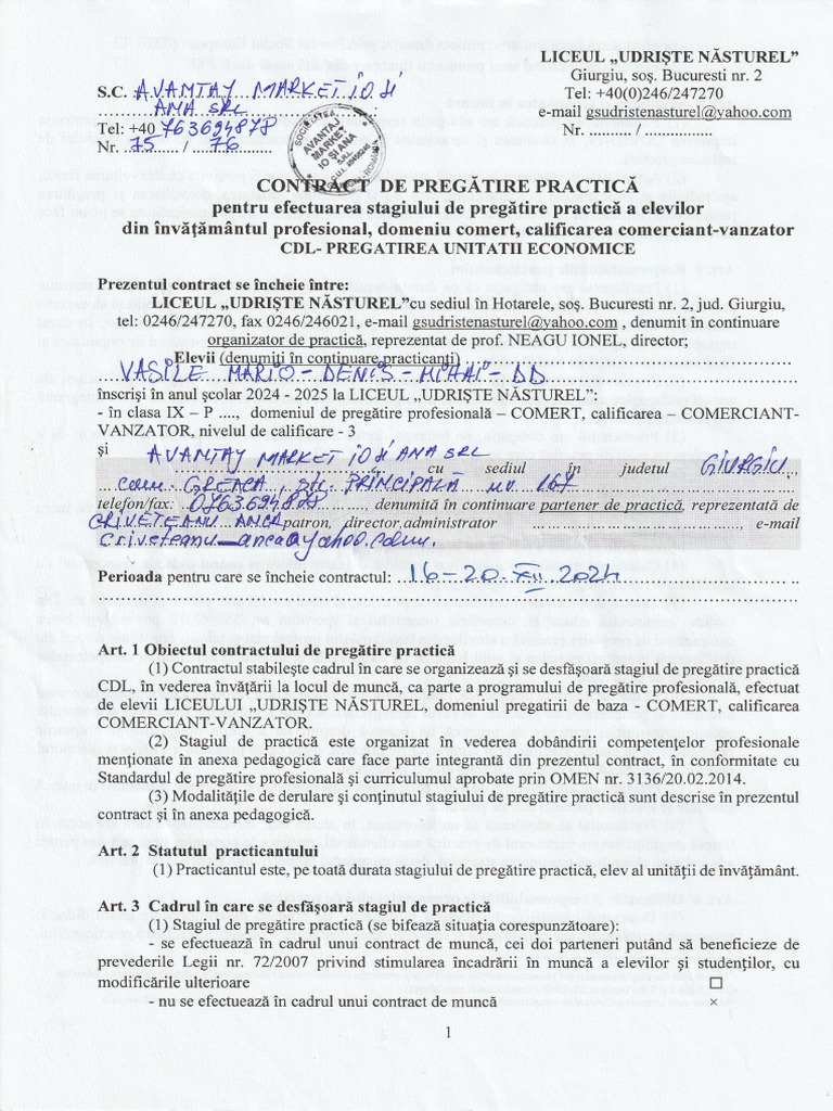 Contractul Lui Denis COMPLETAT Si SEMNAT | PDF