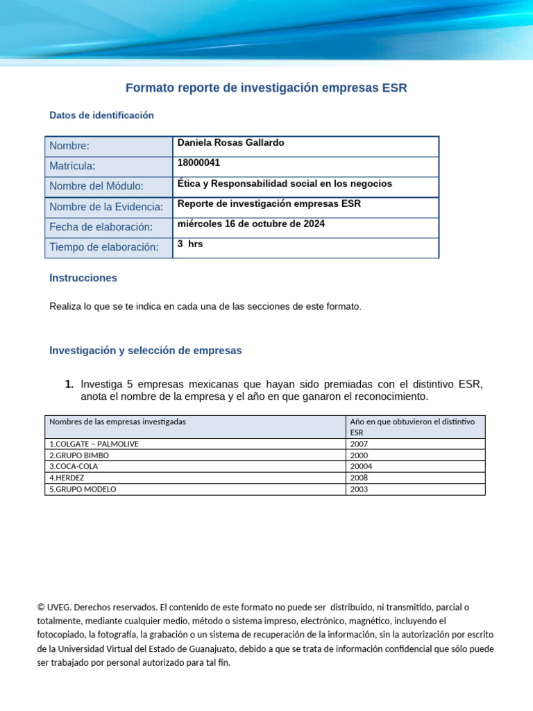 Reporte_Investigacion_ESR_Rosas_Daniela | PDF | Business | Agua