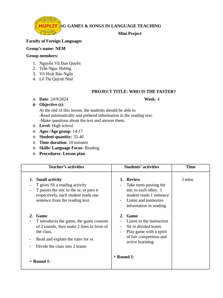Lesson Plan Games Songs | PDF | Cognitive Science | Human Communication
