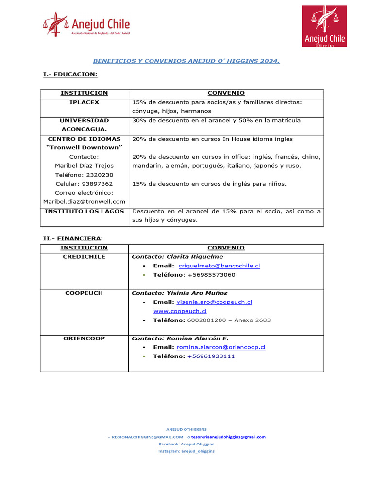 Beneficios y Convenios Anejud O' Higgins 2024 | PDF