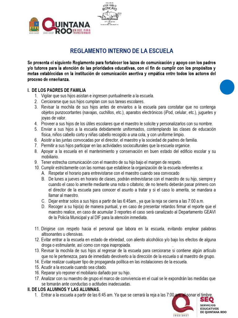 REGLAMENTO ESCOLAR INTERNO | PDF | Escuelas