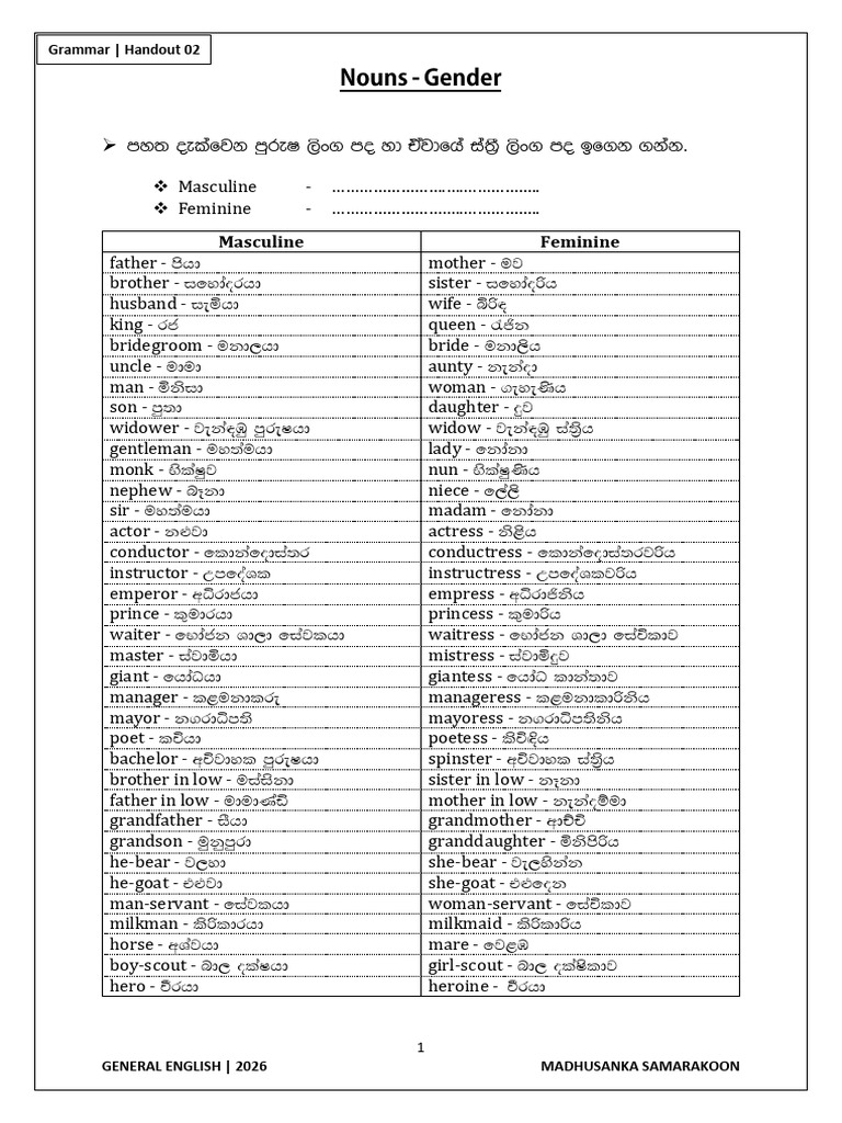 Handout 02 Nouns - Gender (2026 Gen Eng) | PDF | Grammatical Gender ...