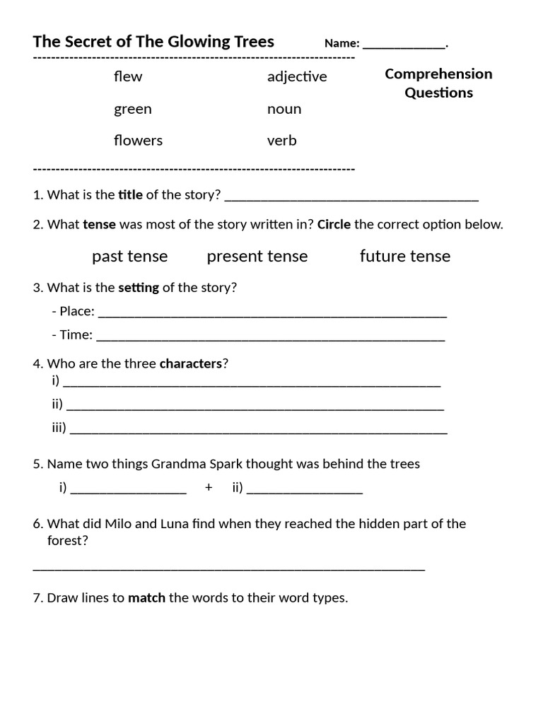 Comprehension Questions - The Secret of The Glowing Trees. | PDF ...