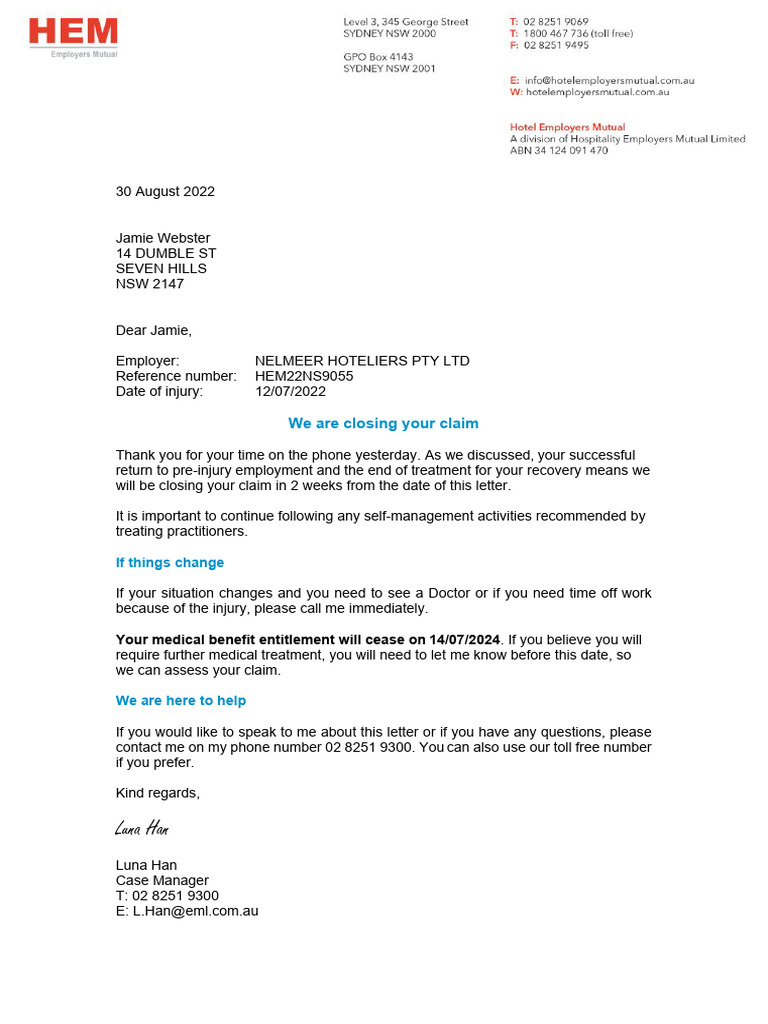 Claim Closure Notification Letter | PDF
