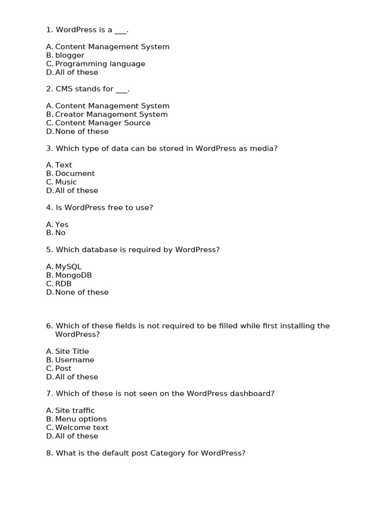 Wordpress MCQ | PDF | Word Press | Computing