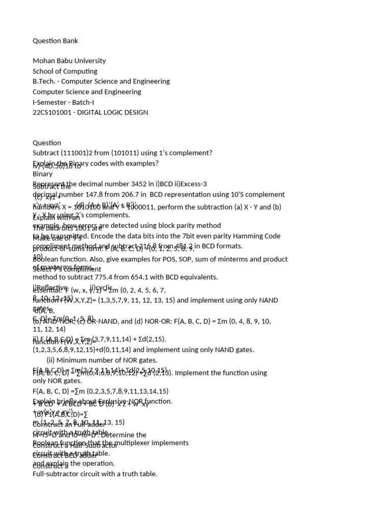 DLD Important Questions | PDF | Arithmetic | Electronics
