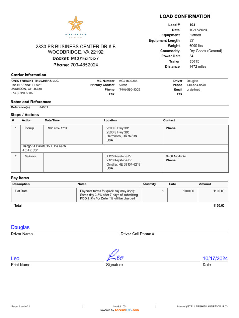 Load Confirmation 103 20241017214143 Signature Completed | PDF | Cargo ...