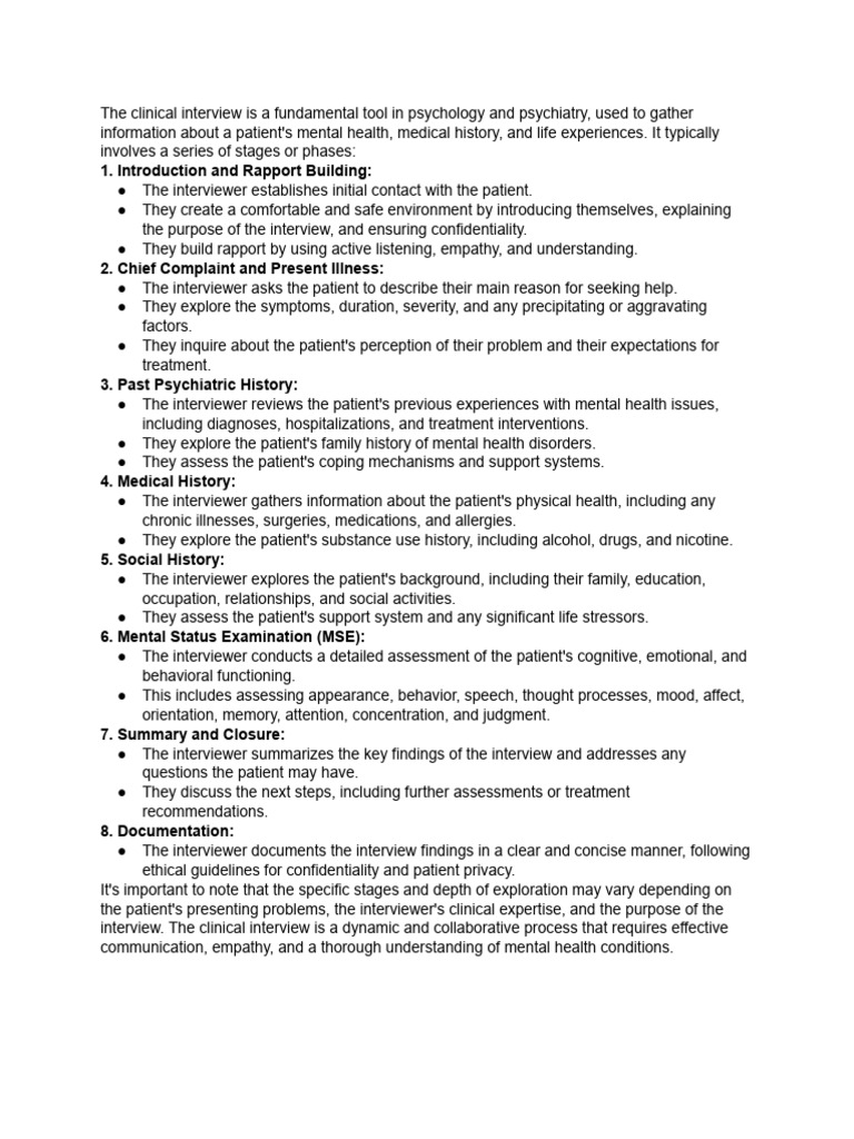 Clinical Interview Stages in Psychiatry | PDF | Mental Disorder ...