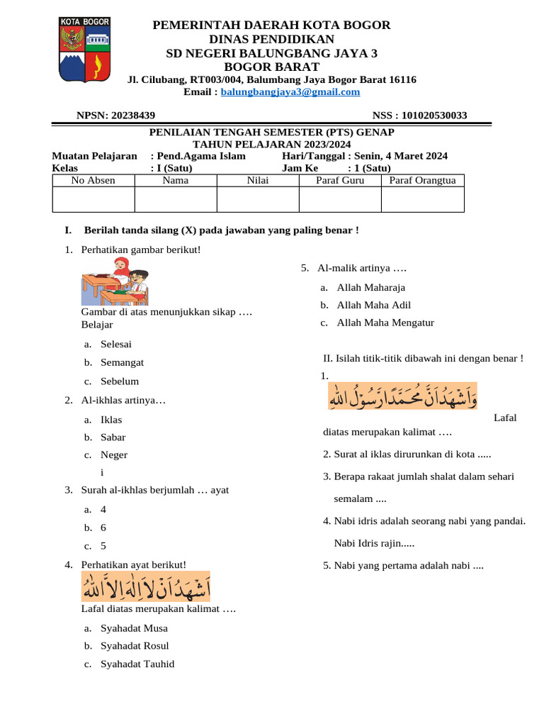 PTS GENAP PAI 2024 Kls 1 | PDF