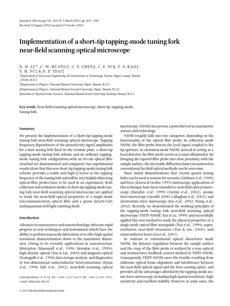 Implementation of a short-tip tapping-mode tuning fork near-field scanning optical microscope ...