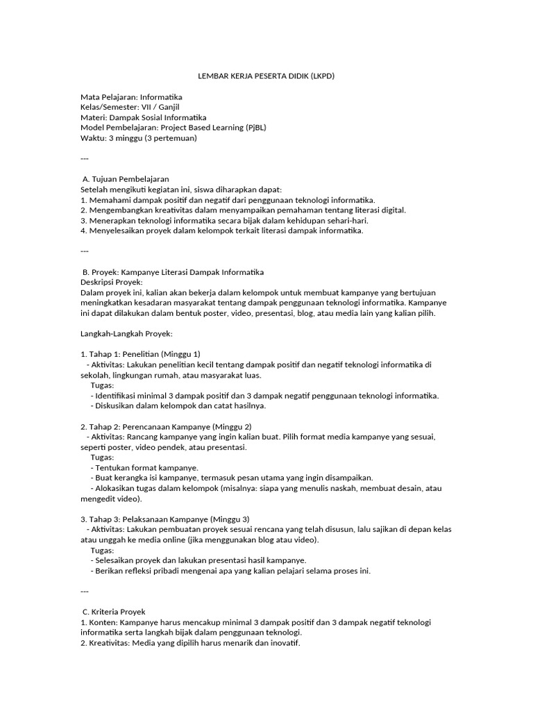 LKPD Infor Kelas 7 - Dsi - Ld-10 | PDF | Seni