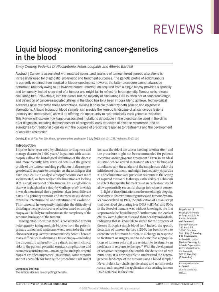 Liquid Biopsy. Monitoring Cancer-Genetics | PDF | Biopsy | Cancer