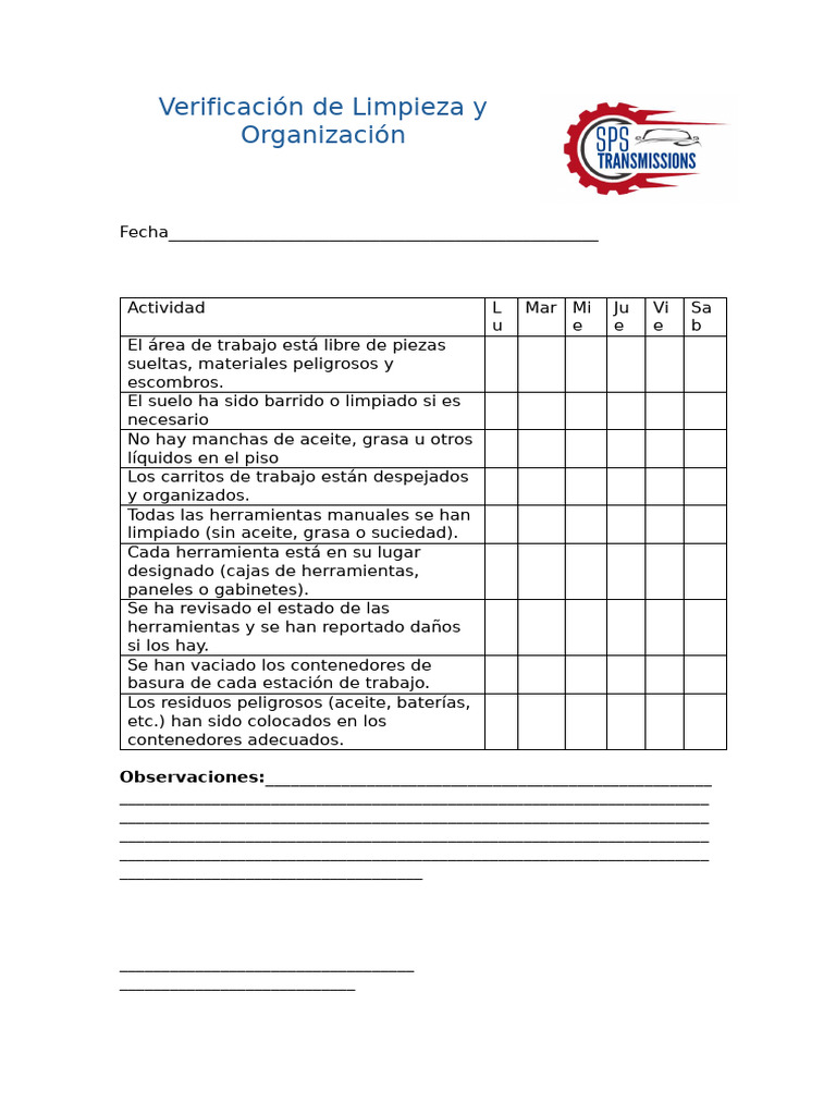 Checklist Verificacion y Limpieza | PDF