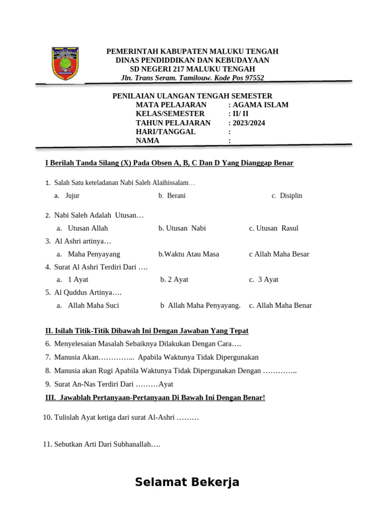 Uts Kelas 2 Semester 2 | PDF